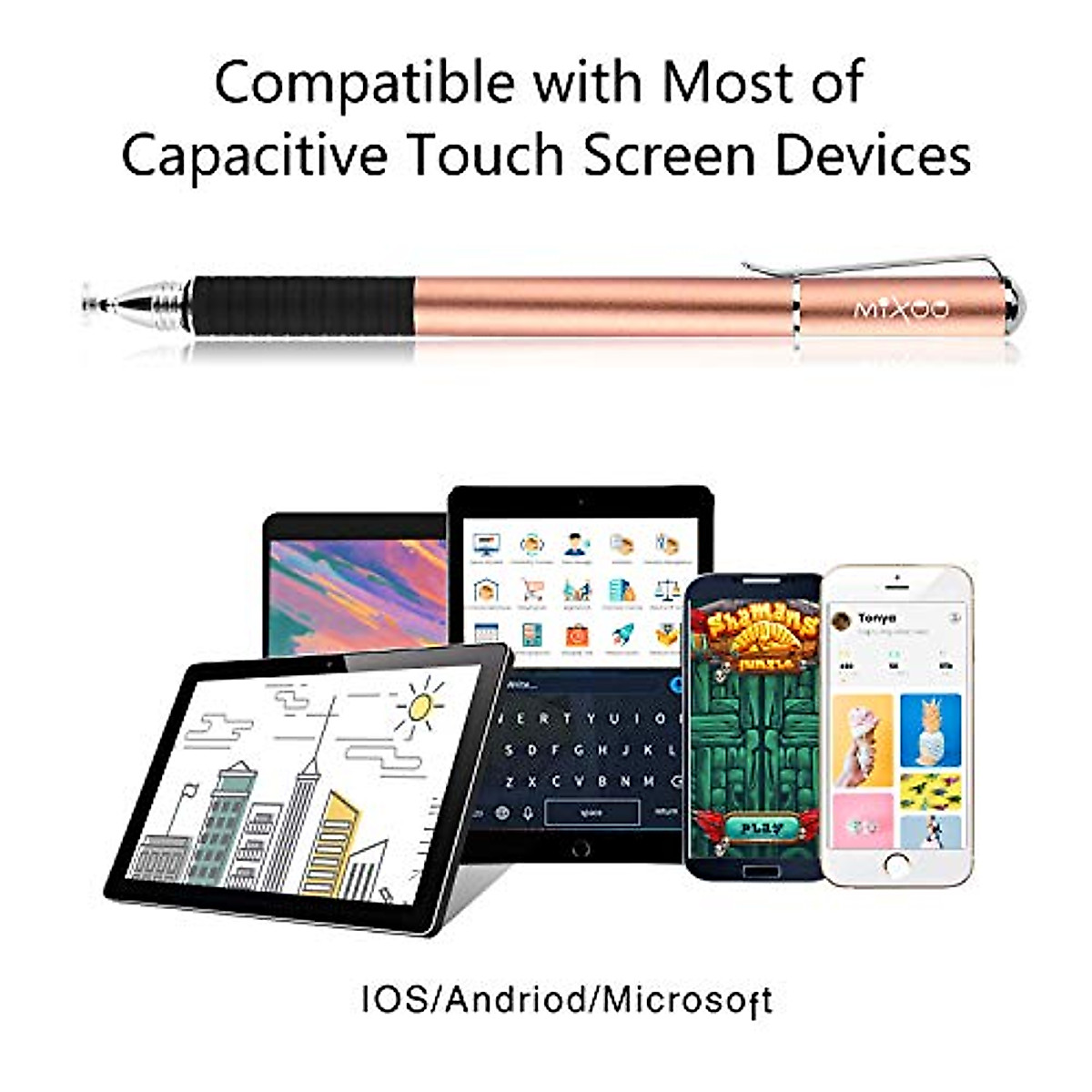 Mixoo 2-in-1 Precision Disc & Fiber Stylus with Replaceable Tips for Capacitive Touch Screen Devices (Black/Rose Gold)