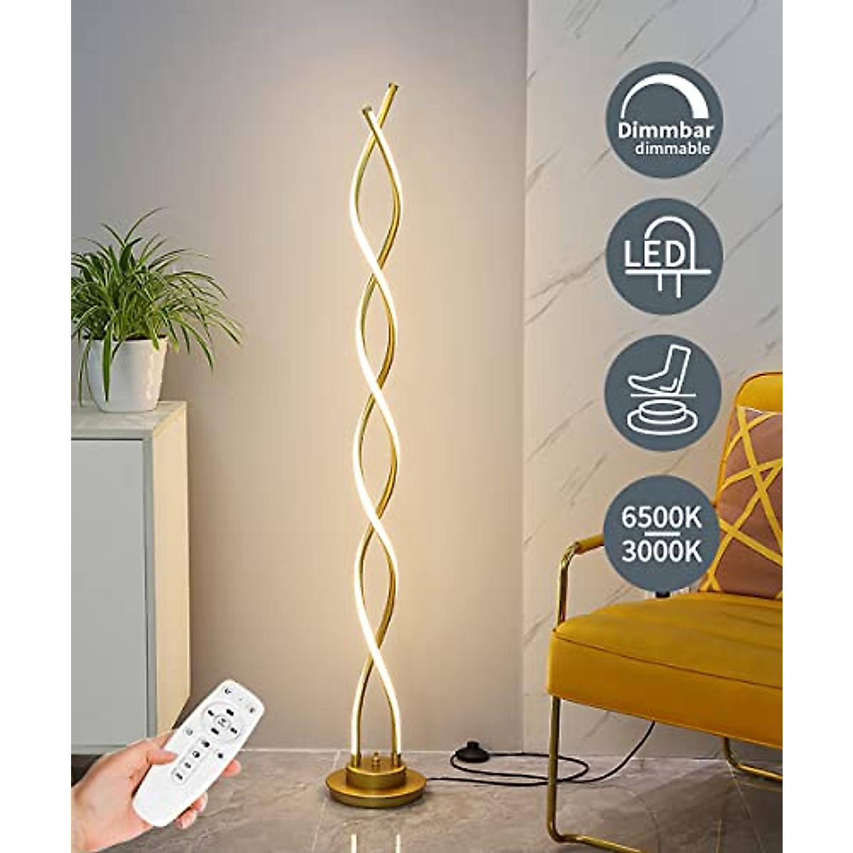 Aanyhoh LED Spiral Floor Lamp with Remote Control 30W Dimmable Modern Metal Twist Standing Pole Lamp 3 Color Temperatures Adjustable Corner Floor Lamp Tall Living Rooms, Bedroom and Offices