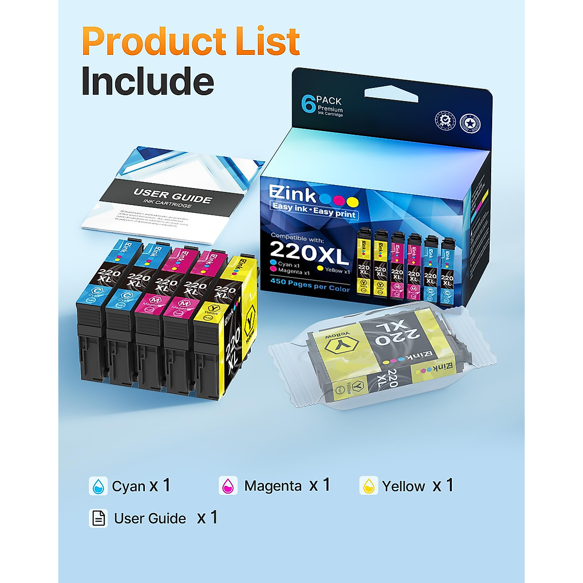 E-Z Ink (TM Remanufactured Ink Cartridge Replacement for Epson 220 XL 220XL T220XL to use with WF-2760 WF-2750 WF-2630 WF-2650 WF-2660 XP-320 XP-420 XP-424 (2 Cyan, 2 Magenta, 2 Yellow, 6 Pack)