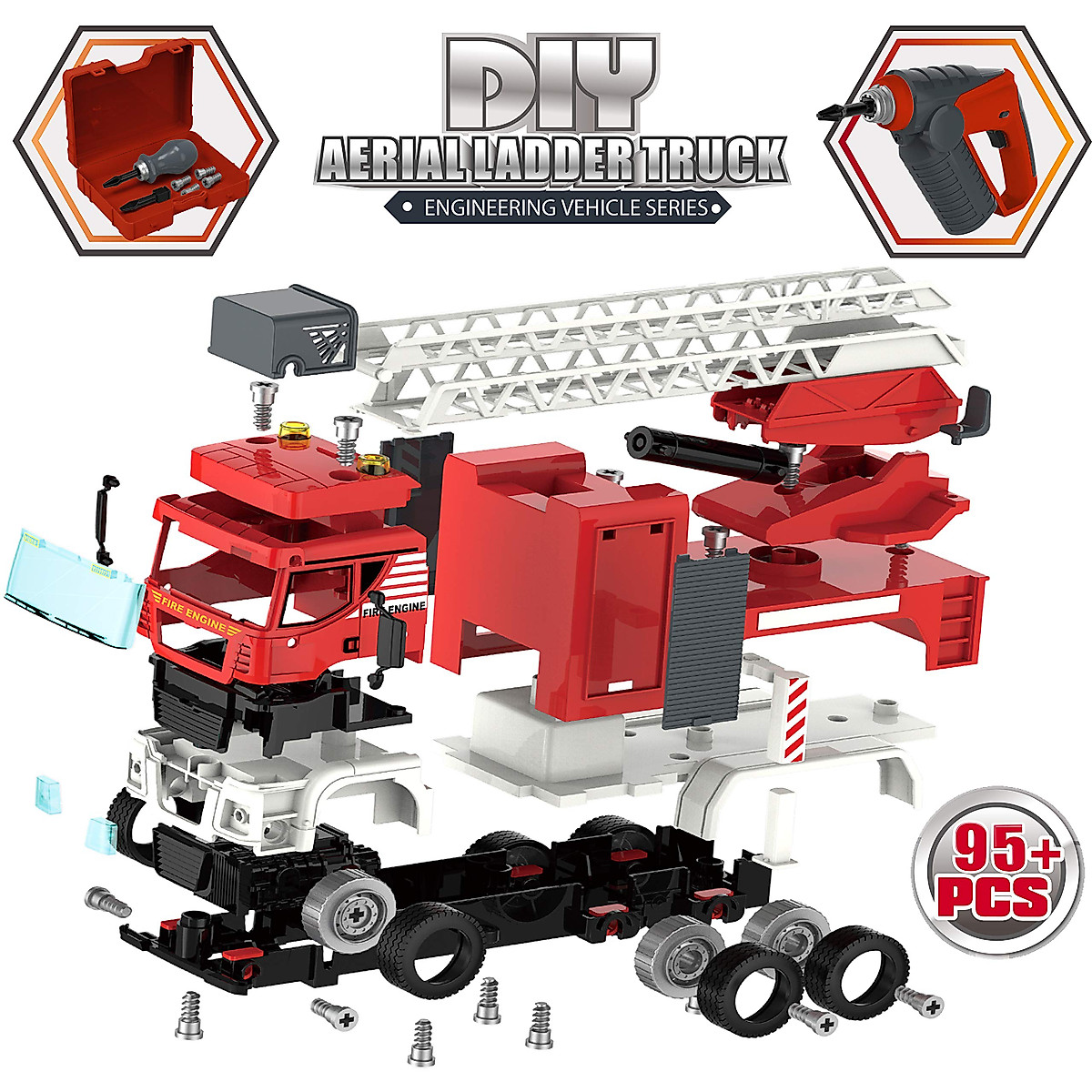 Building Fire Truck Toys - 95 Pcs DIY Assembly Fire Truck STEM Toy with Drill, Push & Go Friction Power Lights & Sounds for Kids- Take Apart Vehicle Fire Trucks for Boys Ages 4 5 6 7 8 Years Old