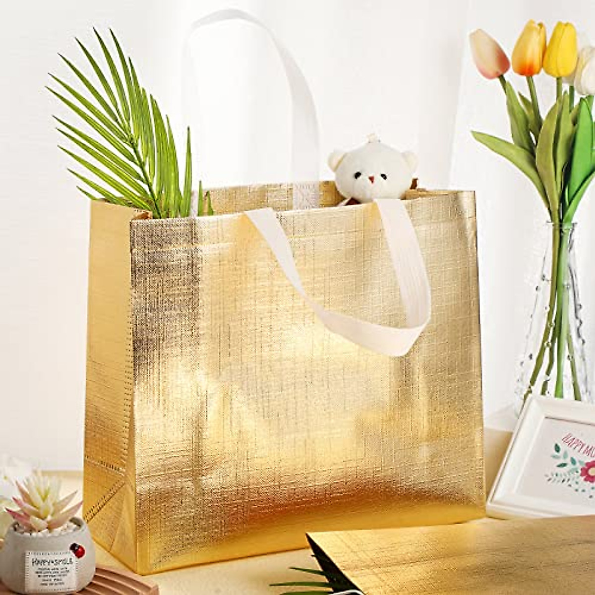 72 Pack Reusable Gift Bags with Handles Glossy Reusable Grocery Bags Tote Bags for Wedding Bridesmaid Birthday Christmas(Gold)