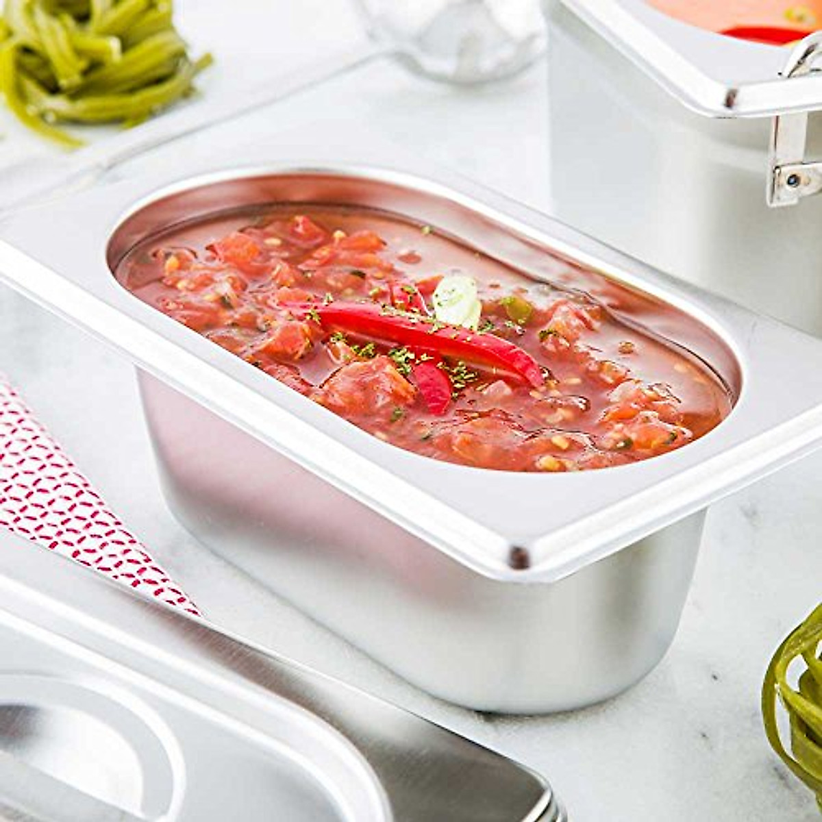 Restaurantware Met Lux 7 Inch x 4.3 Inch x 2.5 Inch Steam Table Pan 1 One Ninth Hotel Pan - Anti-Jam Deep Silver Stainless Steel Table Pan With Collapsible Handles For Parties Or Events