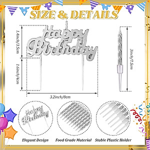 MTLEE Happy Birthday Candles for Cake Birthday Candle Topper with 10 Pcs 2.95 Inch Candles Short Thin Spiral Candles for Cake Topper Birthday Decoration Party Supplies (Silver)