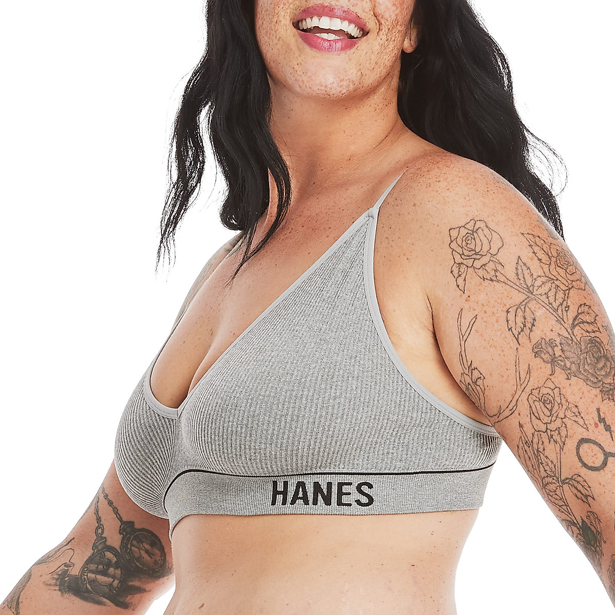 Hanes Women's Originals Seamless Triangle Bralette, Soft Ribbed Bra, ComfortFlex Fit, Heritage Grey Marle, Large