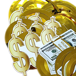 YiiiGoood Gold Money Theme Hanging Decoration Dollar Bill Signs Hanging Swirls Money Bag Currency Symbol for Birthdays Casino Weddings Bachelorette Retirement Anniversary Graduations Party Supplies