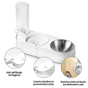 Marchul Stainless Steel Pet Feeder, 2-in-1 Food and Water Bowl Set with Automatic Water Dispenser for Cats and Small Dogs, 0.5L, White