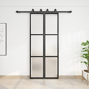 JUBEST 36 x 84 Inch Double Barn Door with 6FT Hardware Kit and Soft Close Mechanism Include, 2 Sets of 18in x 84in 3-Paneled Frosted Glass with Carbon Steel Frame Barn Door, Easy to Install