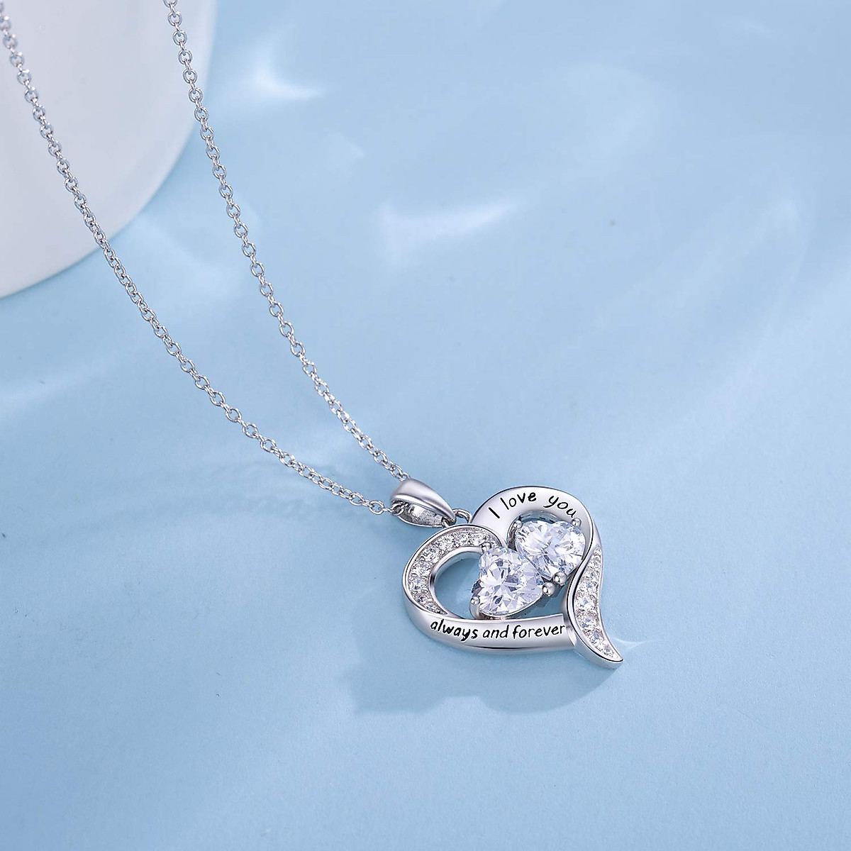 BlingGem Necklaces for Women Sterling Silver Personalized Heart Pendant Necklace with 2 Customized Birthstones 5A Cubic Zirconia I Love You Always and Forever Gift for Women Mom Wife