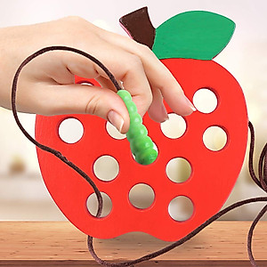 KLT Lacing Toy for Toddlers, Wooden Threading Toys, 1 Apple and 1 Watermelon with Bag, Educational and Learning Montessori Activity for Baby and Kids, Great Car and Plane Puzzle Travel Games