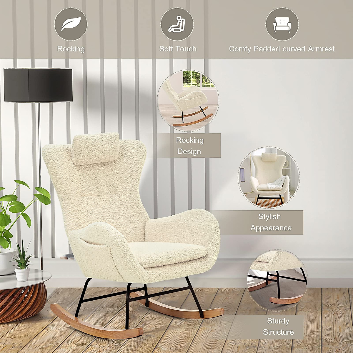 Kvutx Teddy Upholstered Nursery Rocking Chair - Comfy Beige Glider Rocker with Padded Seat, High Backrest, and Armrests for Living Room Bedroom Offices (Beige)