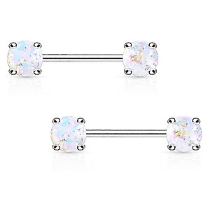 Forbidden Body Jewelry Pair of Surgical Steel 9/16 Inch (14mm) Glittery Faux Opal Stone Sexy Nipple Barbells, Clear