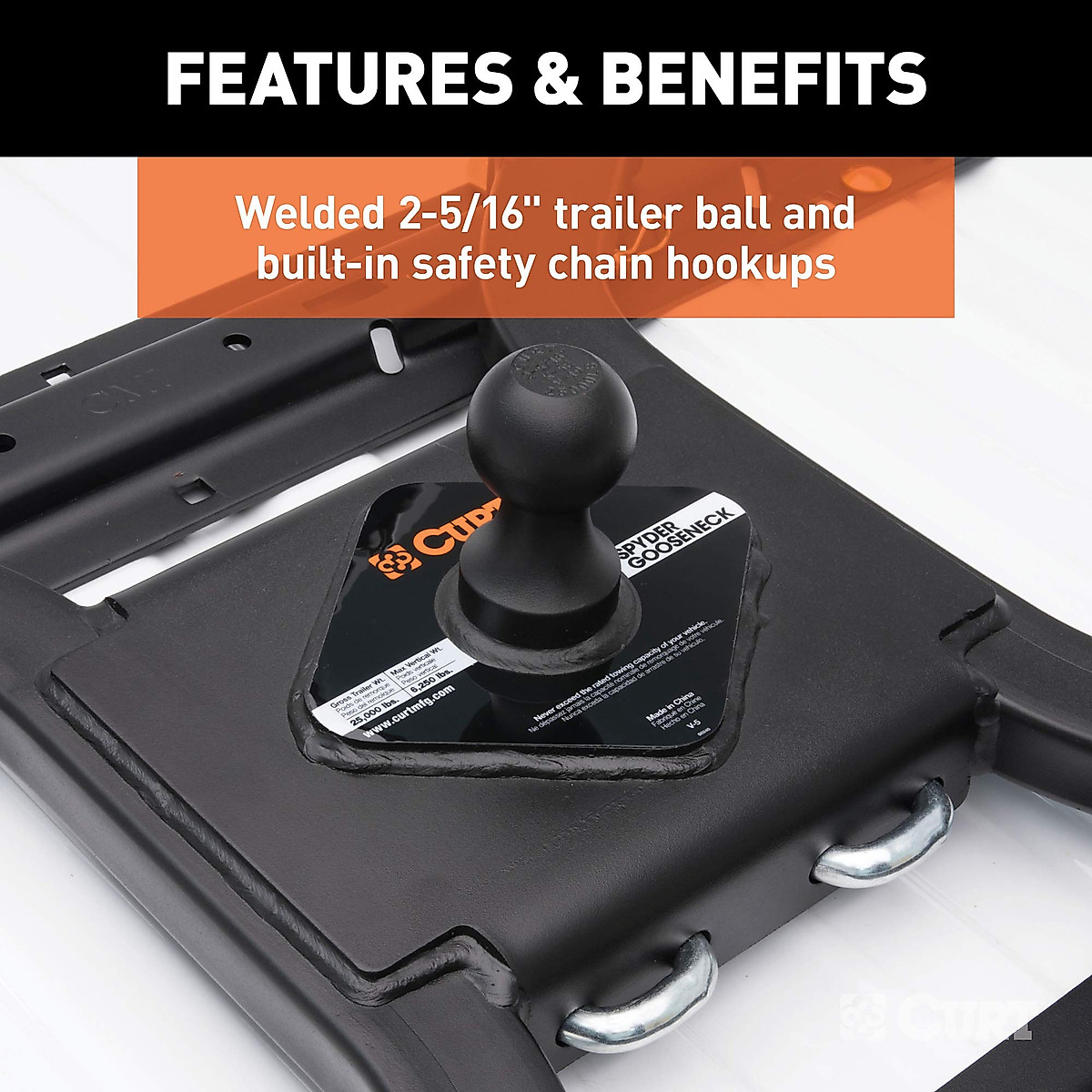 CURT 16085 Spyder 5th Wheel to Gooseneck Adapter Hitch, Fits Industry-Standard Rails, 25,000 lbs, 2-5/16-Inch Ball