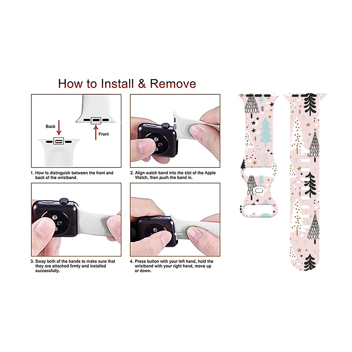 Christmas Tree Pink Background Watch Band Compatible with Apple Watch 38mm 40mm 41mm, Xmas Iwatch Bands Wristbands Soft Silicone Strap Adjustable Replacement Accessories for Series 8/7/6/SE Women Men