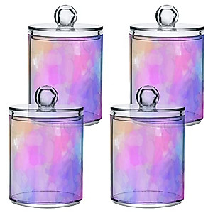 4 Pack Qtip Holder Dispenser Rainbow Tie Dye Iridescent Dharma Dye Cotton Ball Cotton Swab Cotton Round Pads Floss Clear Bathroom Storage Containers Plastic Apothecary Jars with Lids
