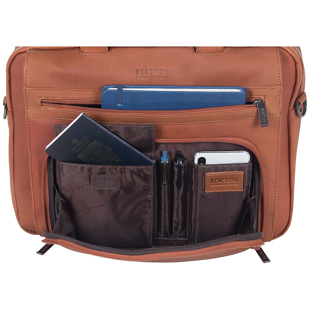 Kenneth Cole Reaction Manhattan Colombian Leather Briefcase Expandable RFID 15.6" Laptop Portfolio Shoulder Bag, Cognac, One Size