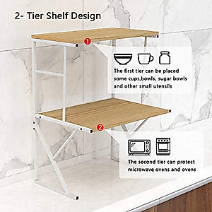 2 Tier Kitchen Countertop Microwave Oven Unit Shelving Stand Rack for Household Storage Organizer, Home Office Desktop Shelf Printer Rack Free Standing Metal Frame Wood Tabletop (Light Walnut)