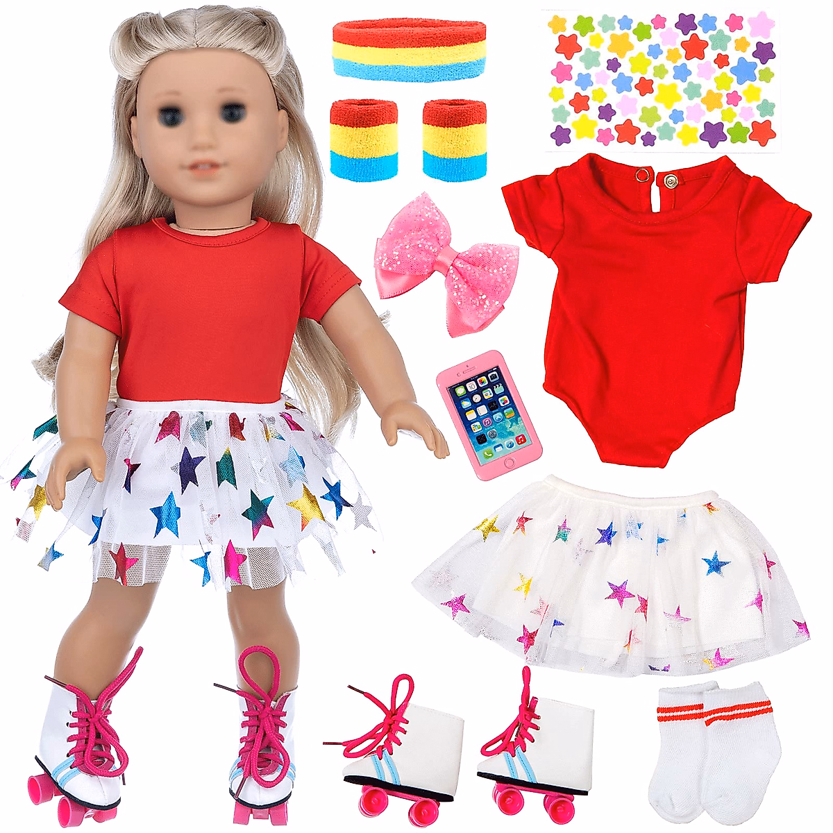 18 Inch Doll Accessories, Girl Doll Accessories, 7PC Travel Skating Sport Play Set, 18 inch Girl Doll Outdoor Sport Accessories (Not Include Doll)