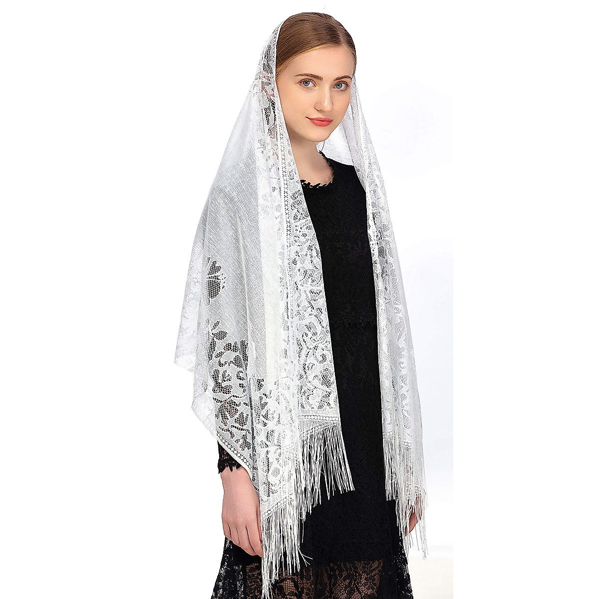PAMOR Chapel Veil Scarf Mantilla Veils Rectangular Wrap Shawl Mass Head Covering with Fringe Trim (White)