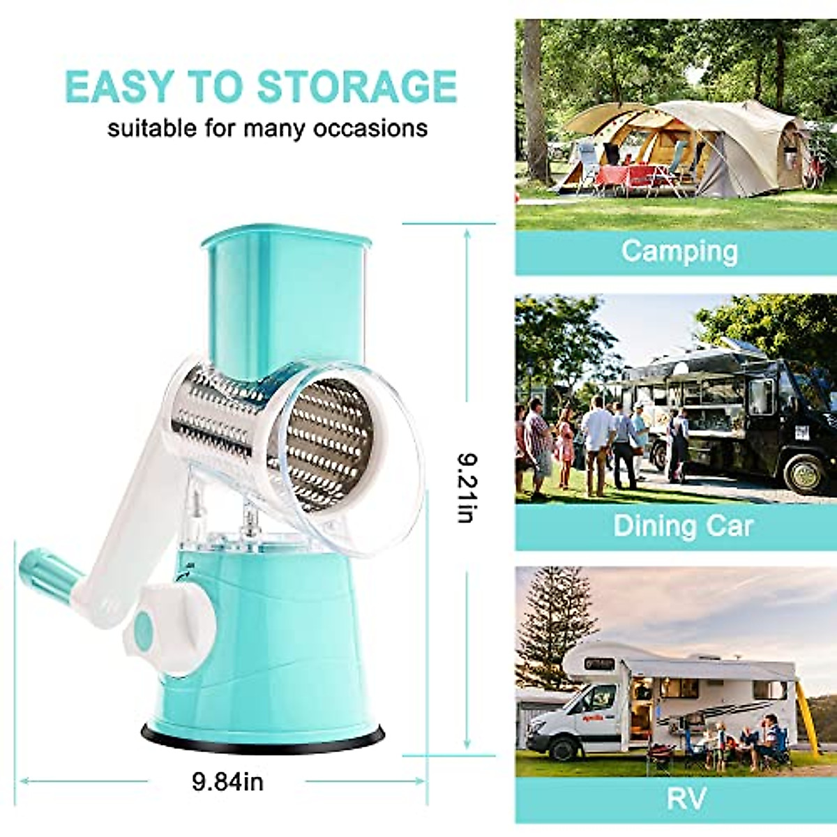 3rd Generation Rotary Cheese Grater, Mandoline Vegetable Slicer with 3 Replacement Blades, Easy to Clean Rotary Shredder for Fruit, Vegetables, Red (Blue)