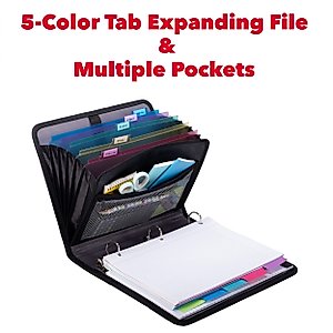 Case-it Padfolio with 1" Removable O-Ring Binder, with 5-Color Tabbed Expanding File Folder, Mesh Pockets, Pen Loops, Secure Elastic Strap Closure, Slim-700-FN, Black