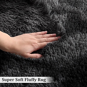 JOLENE.K Shag Rugs 10x13 Soft Plush Nursery Rug Tie Dyed Aesthetic Carpet for Living Room Non Shedding Bedroom Rugs Fluffy Neutral Office Rug Furry Indoor Throw Rugs Tie Dye Black Grey