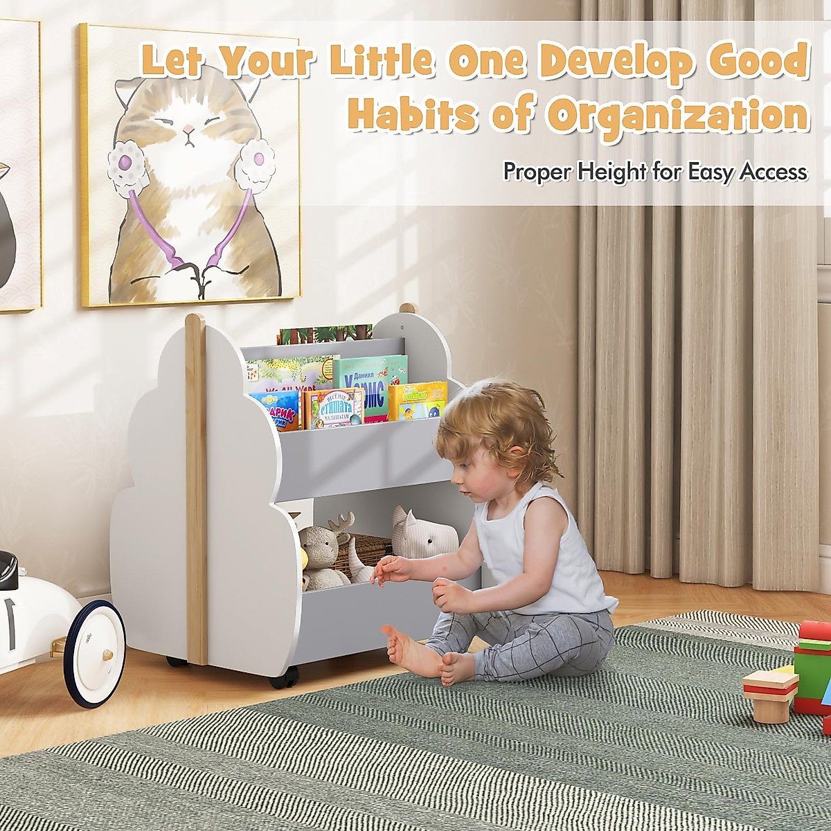 Costzon Kids Bookshelf with Universal Wheels, 2-Tier Toddler Bookshelf, Wooden Book Rack, Childrens Bookcase Montessori Shelf, Infant Book Shelf, Toy Organization for Kids Room, Playroom, Nursery