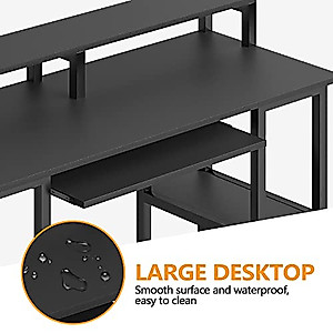 JSungo Small Computer Desk with Monitor Stand, 47 Inch Home Office Desk with 2 Tier Storage Shelf for Small Space, Sturdy Writing Gaming Table with Keyboard Tray and CPU Shelf, Black