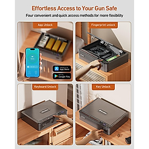 BILLCONCH Smart Gun Safe - Biometric Gun Safe for Pistols with Fingerprint/Full-digital Keypad/Key/Smartphone Lock, Quick-Access Pistol Safe for Beside Nightstand Handgun Safe with LCD/Voice Guide