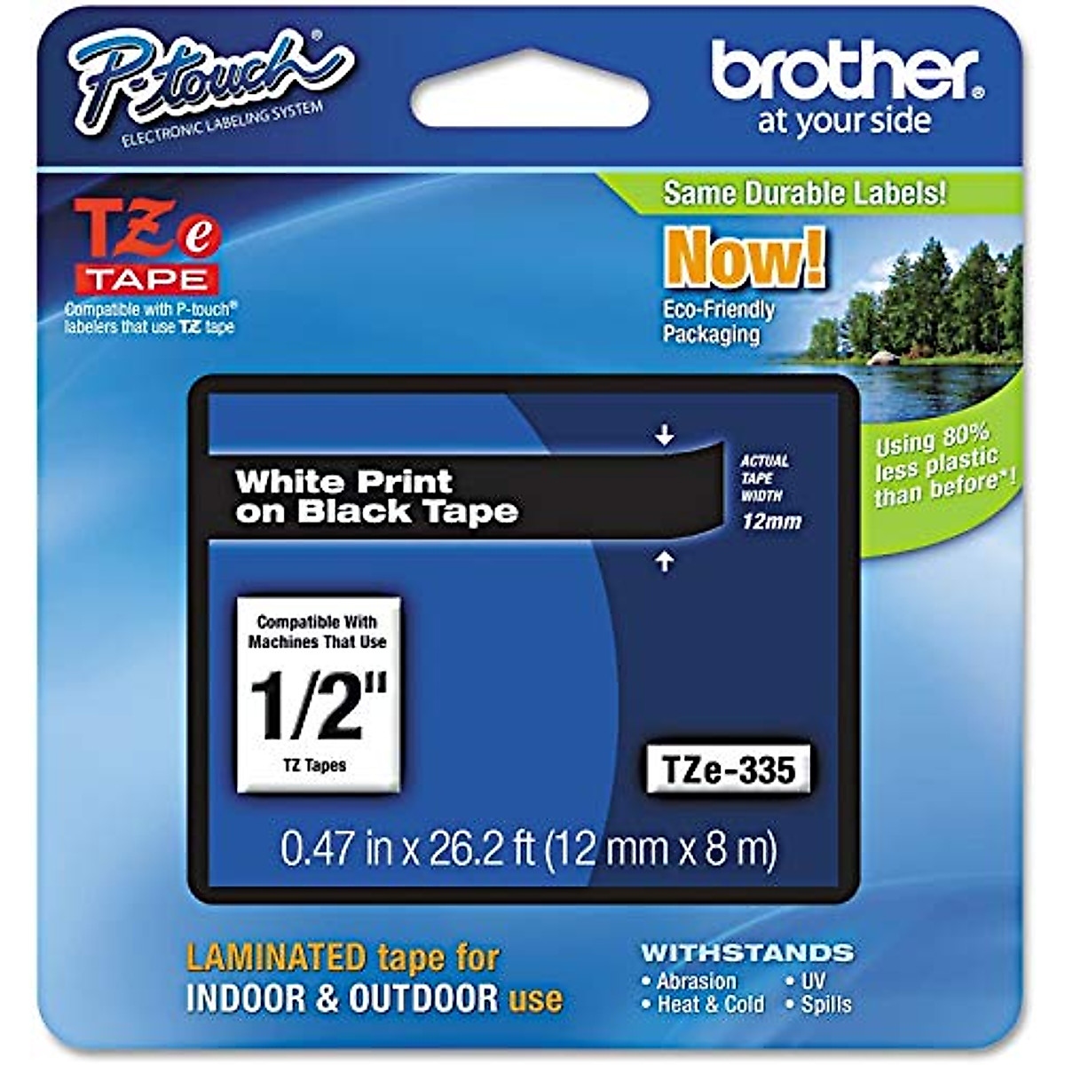Brother Genuine P-touch TZE-335 Label Tape, 1/2" (0.47") Standard Laminated P-touch Tape, White on black, Laminated for Indoor or Outdoor Use, Water Resistant, 26.2 Feet (8M), Single-Pack