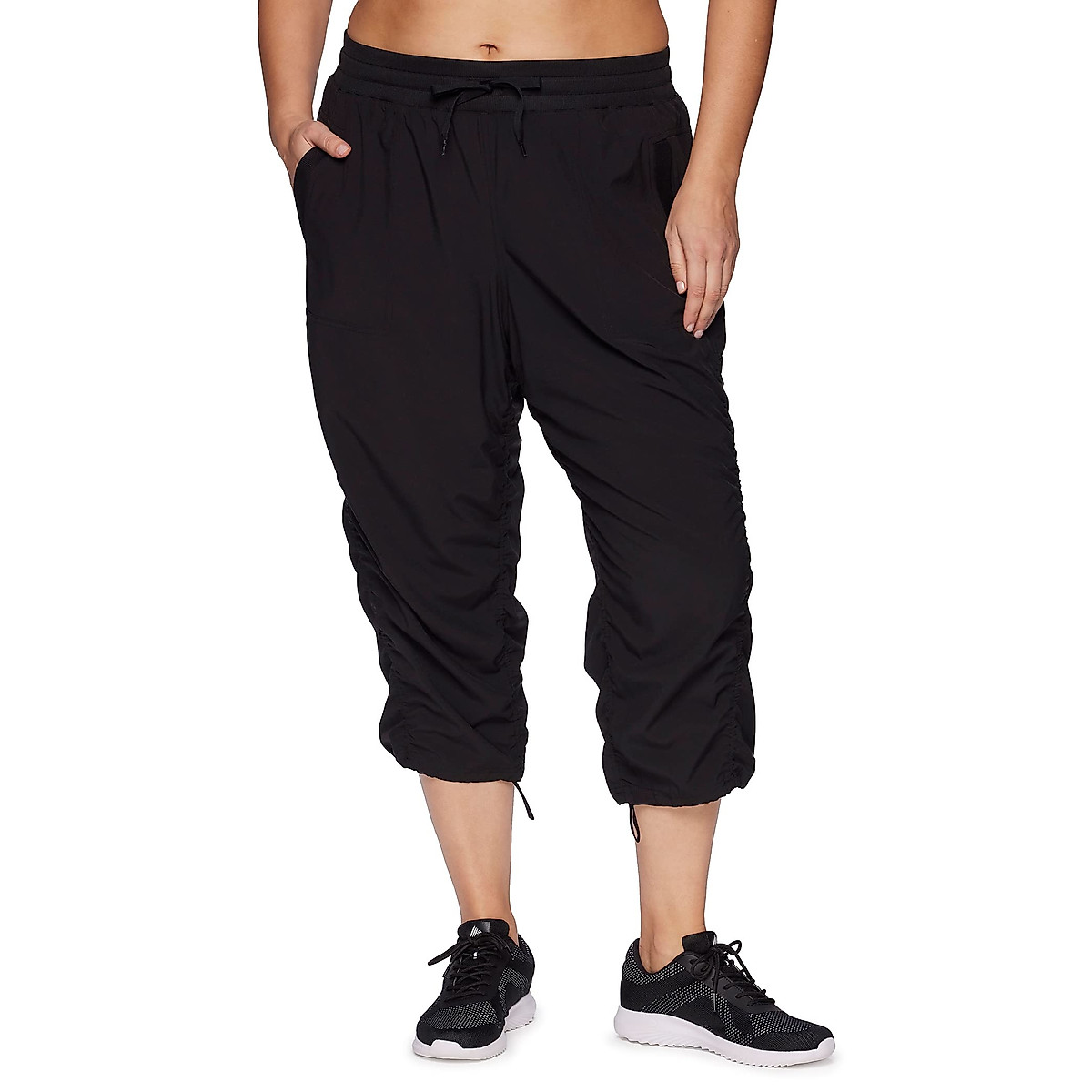 RBX Women's Plus Size Lightweight Woven Drawstring Capri Pant Jet Black 2X