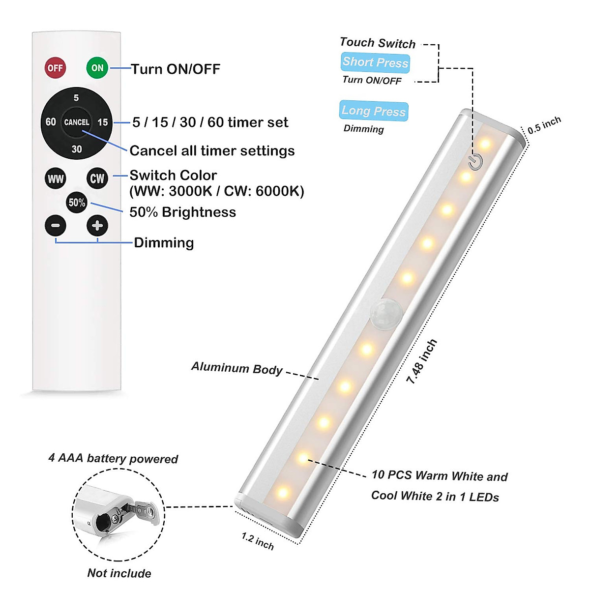 Remote Control Under Cabinet Lights with Remote 6 Pack, 20-LED Dimmable Closet Lighting Battery Operated Under Counter Light, Stick on Touch Night Light Strip for Kitchen Stairway Bedroom, 3 Colors