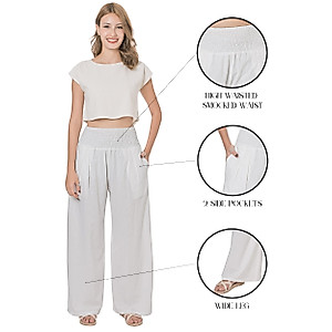 LOFBAZ Women Summer Flowy Cotton Linen Palazzo Wide Leg Pants Beach High Waisted Trousers Boho Long Lounge Pant with Pockets White XL