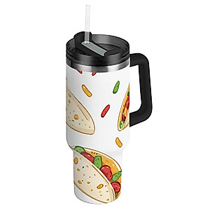 Selerdon 40 oz Tumbler Taco White with Handle and Straw Lid Vacuum Stainless Steel Insulated Water Bottle Travel Mug Car Cup Holder Friendly BPA Free for Gym Travel Office