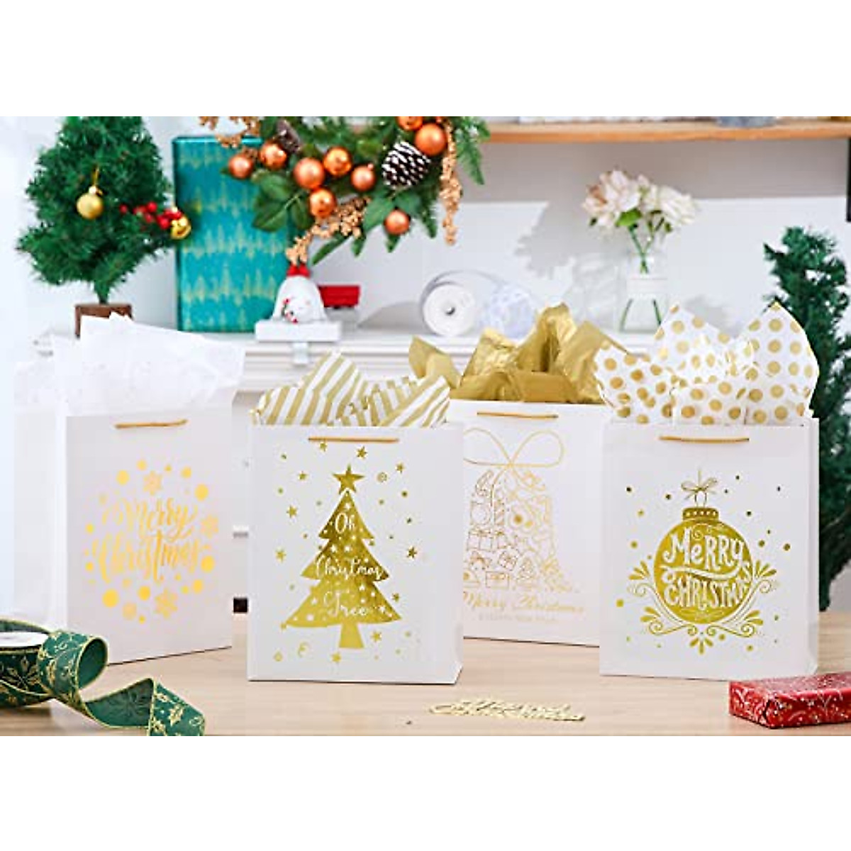 UNIQOOO 12Pcs Large White & Metallic Gold Foil Gift Bags, 4 Assorted Xmas Tree Snowflake Designs, Perfect for Christmas Thanksgiving New Year Party Favor