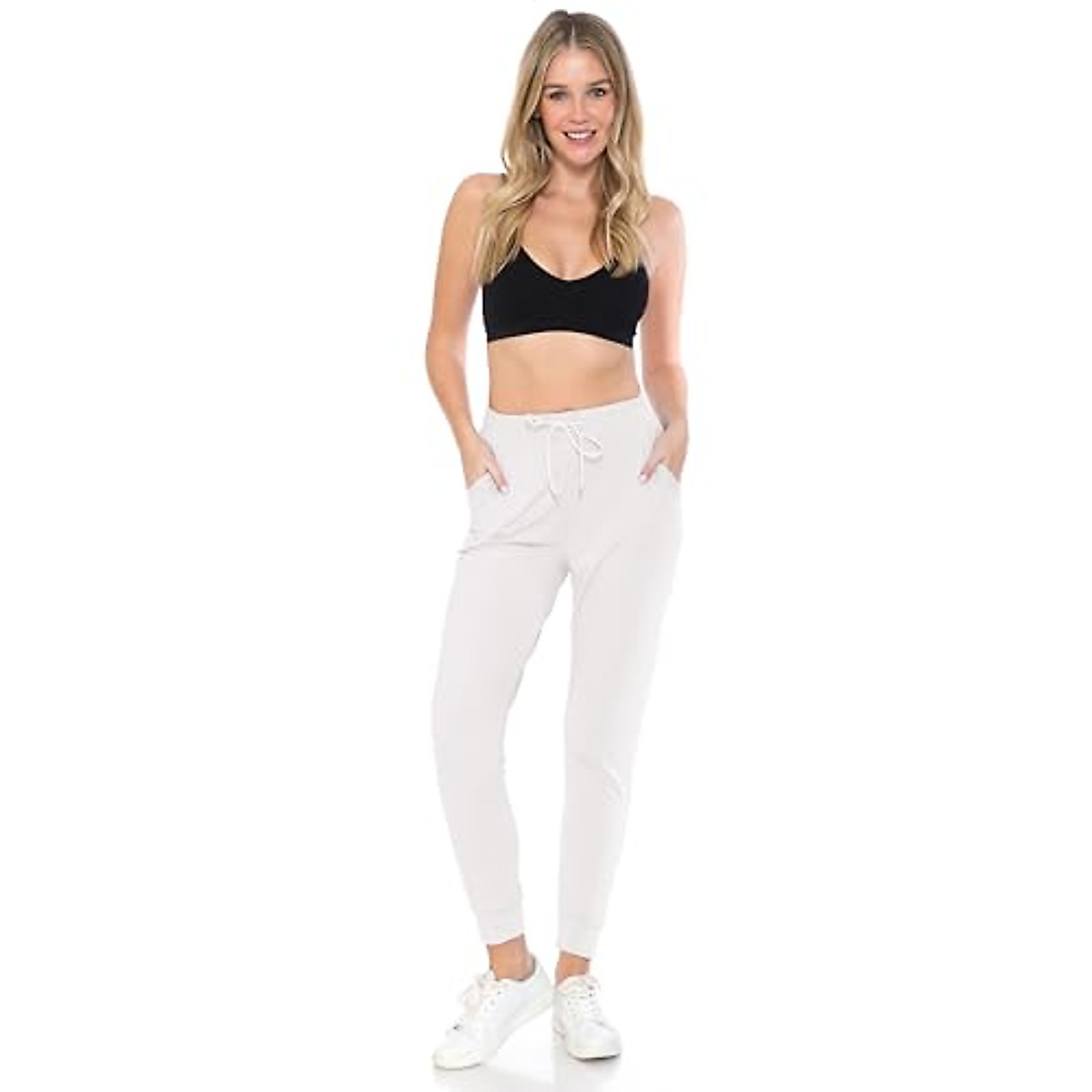 Leggings Depot Womens Relaxed fit Jogger Pants - Track Cuff Sweatpants with Pockets, White, Medium