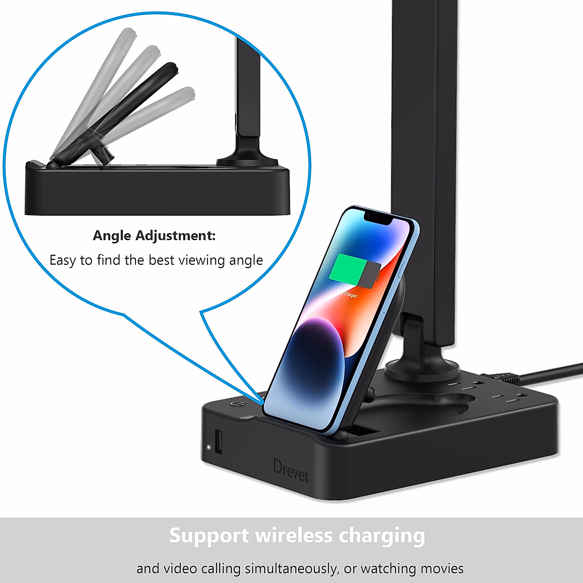 Drevet LED Desk Lamp with Wireless Charger, Desk Table Light with USB Charging Port and 2 Outlets, 3 Lighting Modes, 3 Level Brightness, 1H Timer, Touch Control, Eye-Caring Home Office Foldable Lamp