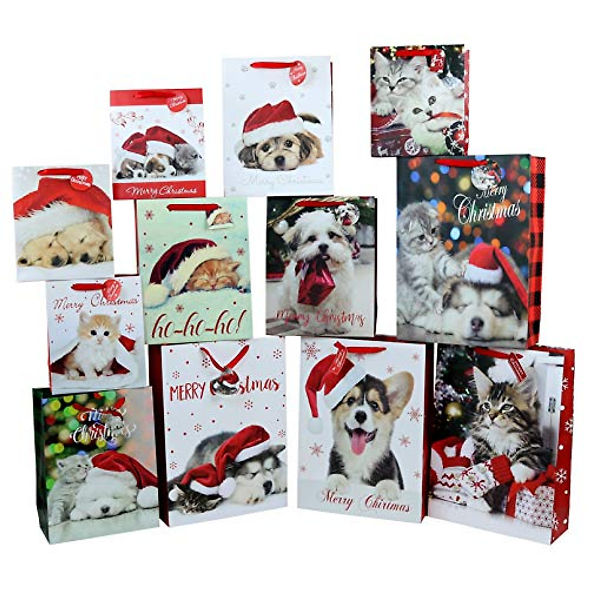 Iconikal Gift Bags for Christmas, Puppies and Kittens, 12-Count