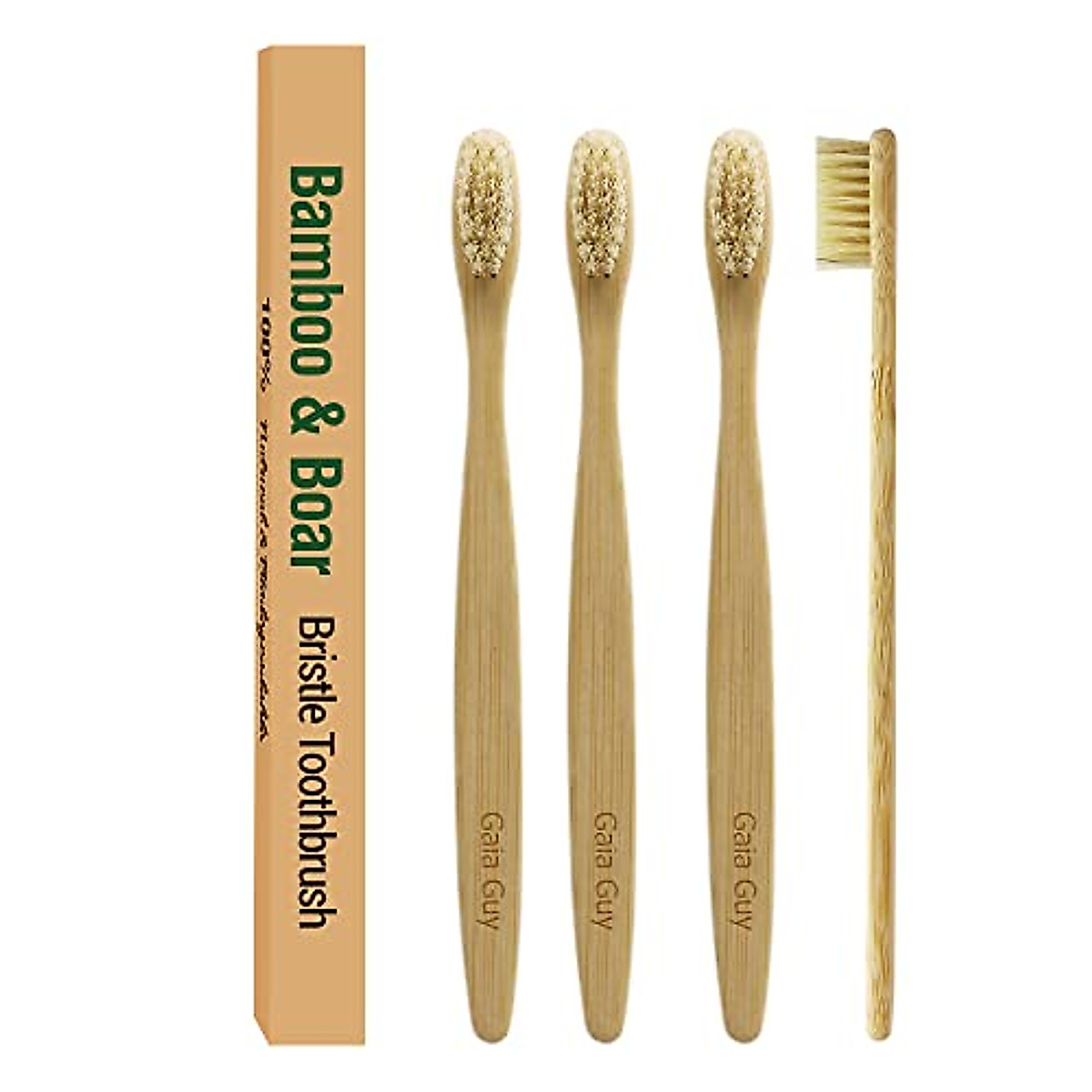 Gaia Guy Bamboo and Boar Bristle Toothbrush (4 Pack) + Travel Case & Silk Dental Floss | 100% Compostable Bristles and Floss | Eco-Friendly Dental Set | Biodegradable & Compostable Wooden Toothbrushes
