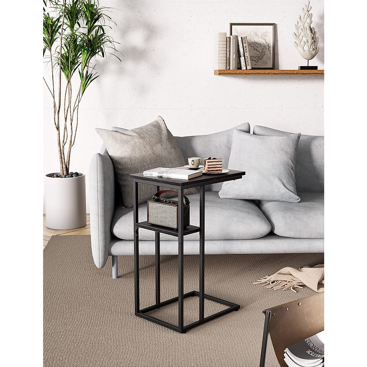 Innerjoin C Shaped End Table, Side Table with Metal Frame, TV Tray Table for Couch, 2 Shelves Sofa Table for Living Room Bedroom, Bedside, Rustic Vintage Style, Black