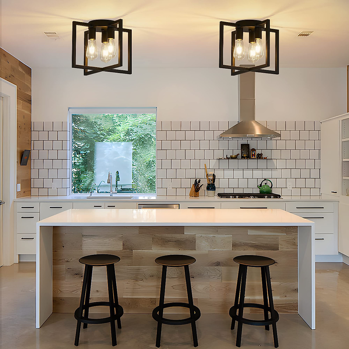 Bosomfr 3-Light Ceiling Light Fixture, Black Semi-Flush Mount Chandelier with Geometric Metal Shade, Farmhouse Industrial Lighting for Kitchen Living Room Bedroom Hallway Foyer, E26 Base