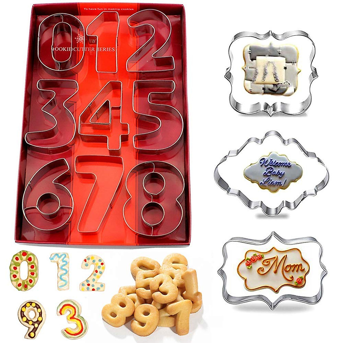 12Pcs/Set 3 Inch Number & Plaque Frame Cookie Cutters Set Large Numbers Stainless Steel Fondant Biscuit Cutter Tools for Kitchen Baking