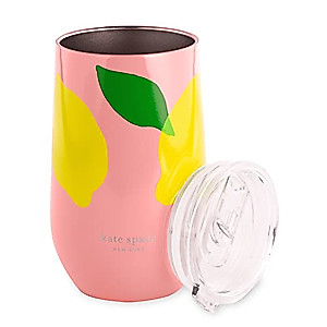 kate spade new york Insulated Stainless Steel Wine Tumbler, 16 Ounce Double Wall Tumbler, Pink Stemless Travel Cup with Lid, Lemon Toss