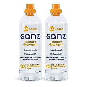 SANZ Liquid Laundry Detergent Free and Clear - Hypoallergenic for Sensitive Skin & Babies, High Performance Odor & Stain Remover, Artificial Fragrance Free, Standard or HE, Ultra Concentrated, 128 Loads (2 Pack)