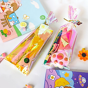 50pcs Iridescent Holographic Cellophane Bags,4x10inches Candy Treat Bags Party Favor,Cookie Goodie Bags with 50pcs Gold Twist Ties for Baby Showers Weddings Birthday Christmas Thanksgiving Halloween