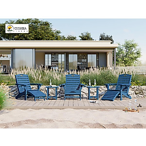 Ciokea Folding Adirondack Chair with Retractable Ottoman Fire Pit Patio Chair with Pull Out Foot Rest Weather Resistant Lawn Outdoor Lounge Chair with 2 Cup Holder (Navy Blue)