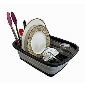 SAMMART 8L (2.11Gallons) Collapsible Dish Drainer - Foldable Drying Rack - Portable Dinnerware Organizer - Space Saving Kitchen Storage Tray (Black/Alloy Grey)
