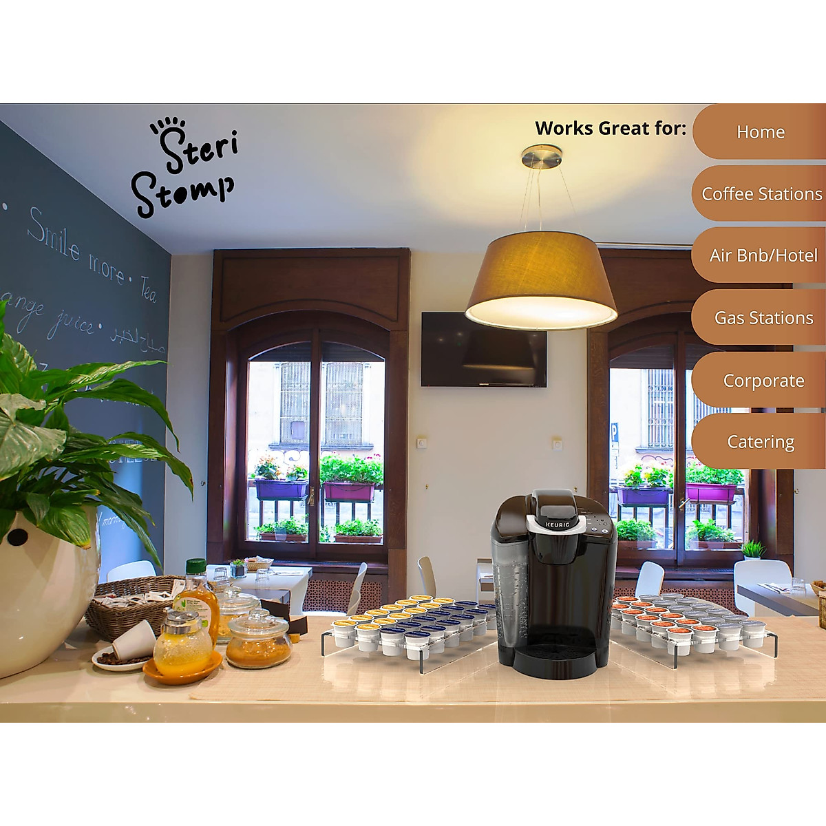 Flat countertop coffee pod holder k cup organizer tray | Coffee pod organizer for 35 coffee pods | Compatible with k-cups | Clear acrylic | Countertop or in drawer storage | Made in the USA