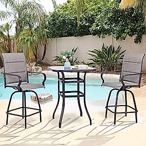 Vongrasig 3 Piece Patio Swivel Bar Set, All Weather Mental Textilene High Swivel Bar Stools Chair Set of 2 and High Glass Bar Table, Outdoor High Top Bistro Set for Lawn Garden, Balcony, Gray