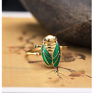 Helen de Lete Colorful Golden Cicada S925 Sterling Silver Adjustable Ring For Men and Women