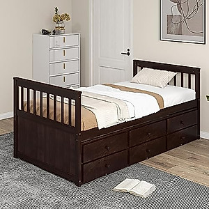 DORTALA Trundle Bed Twin Size, Wooden Daybed w/Trundle and 3 Storage Drawers, No Box Spring Required, Modern Captains Bed Frame for Boys Girls Adults, Great for Bedroom, Guest Room, Espresso